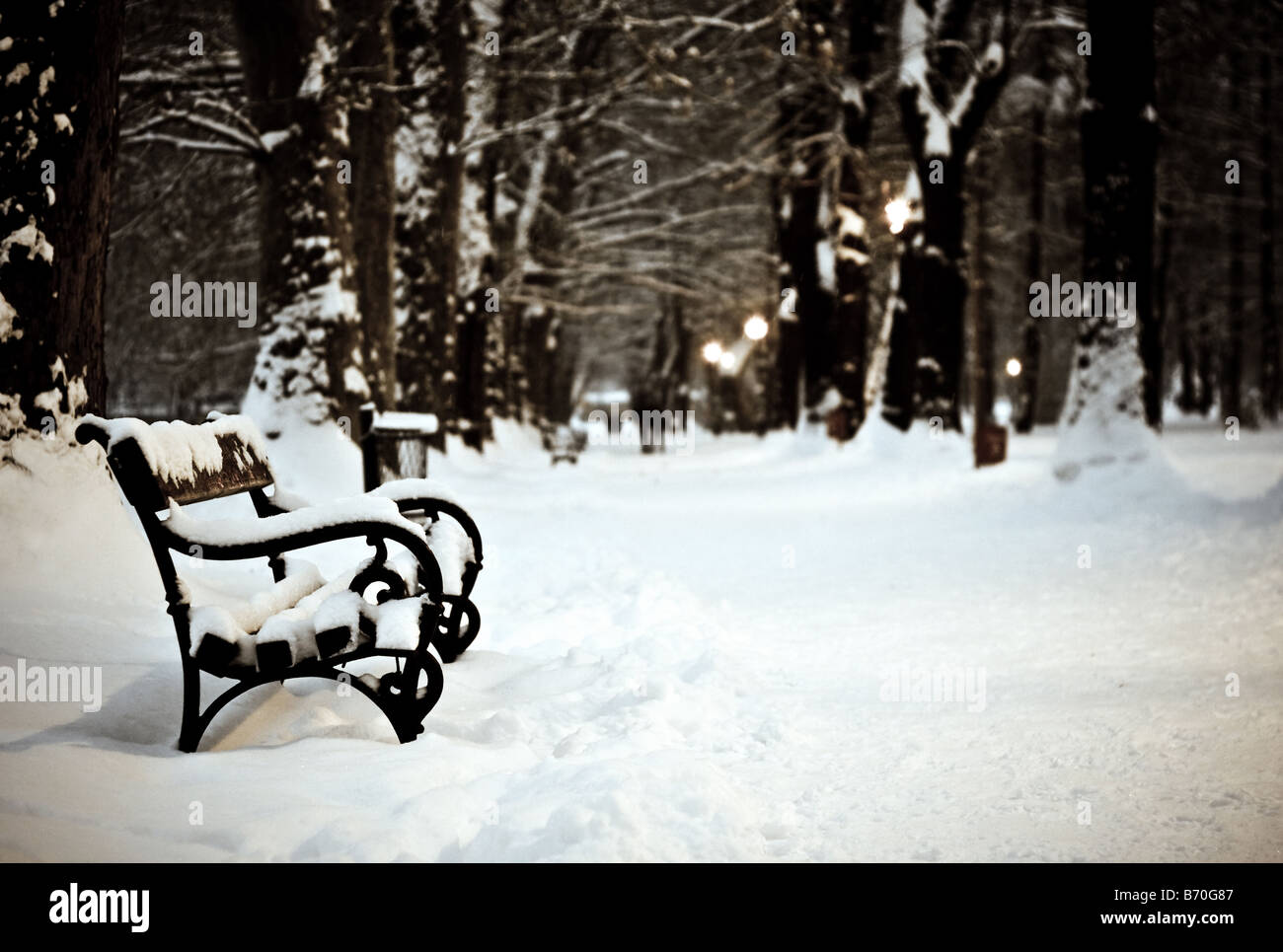 Empty bench in the park in winter Stock Photo - Alamy