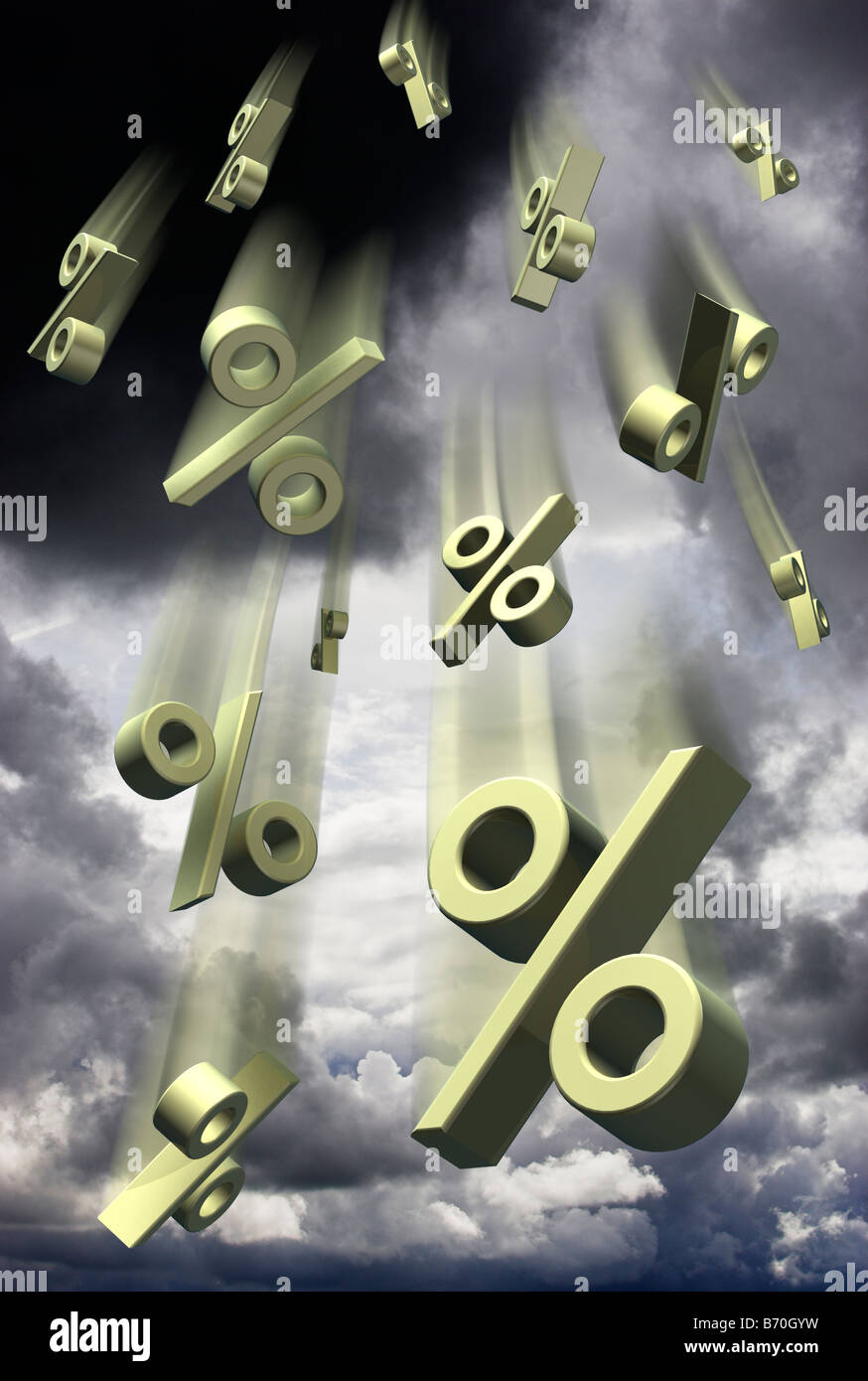 Interest percentage percent rate symbols falling against a stormy sky ...