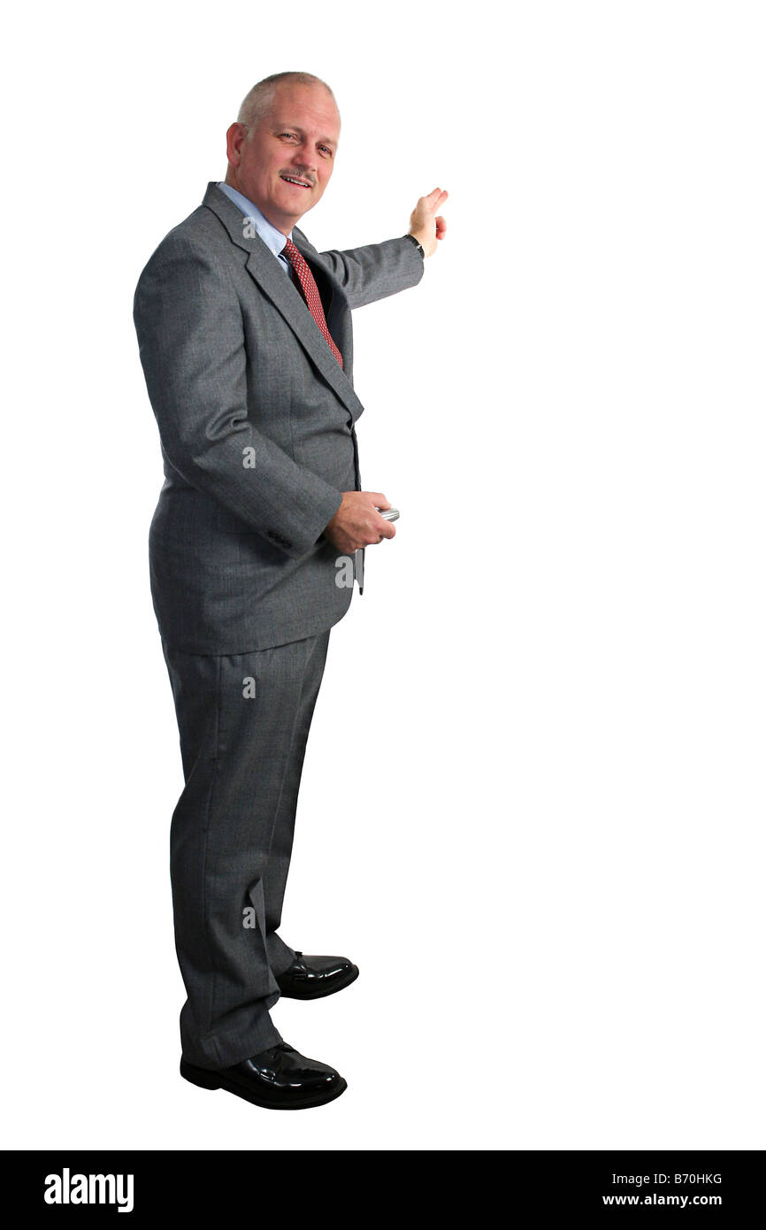 a full view of a weatherman or businessman pointing at a chart or map ...
