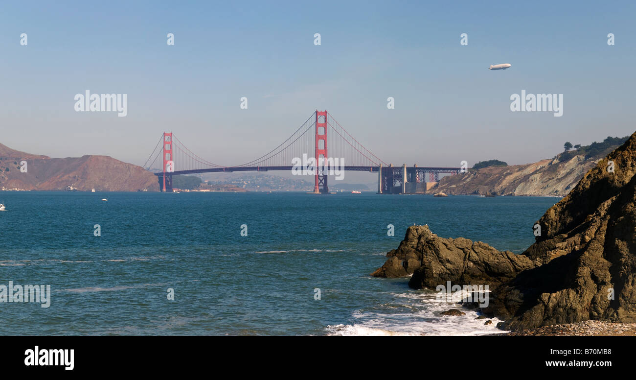 San Francisco, California. Panorama of Zeppelin over Golden Gate Bridge ...
