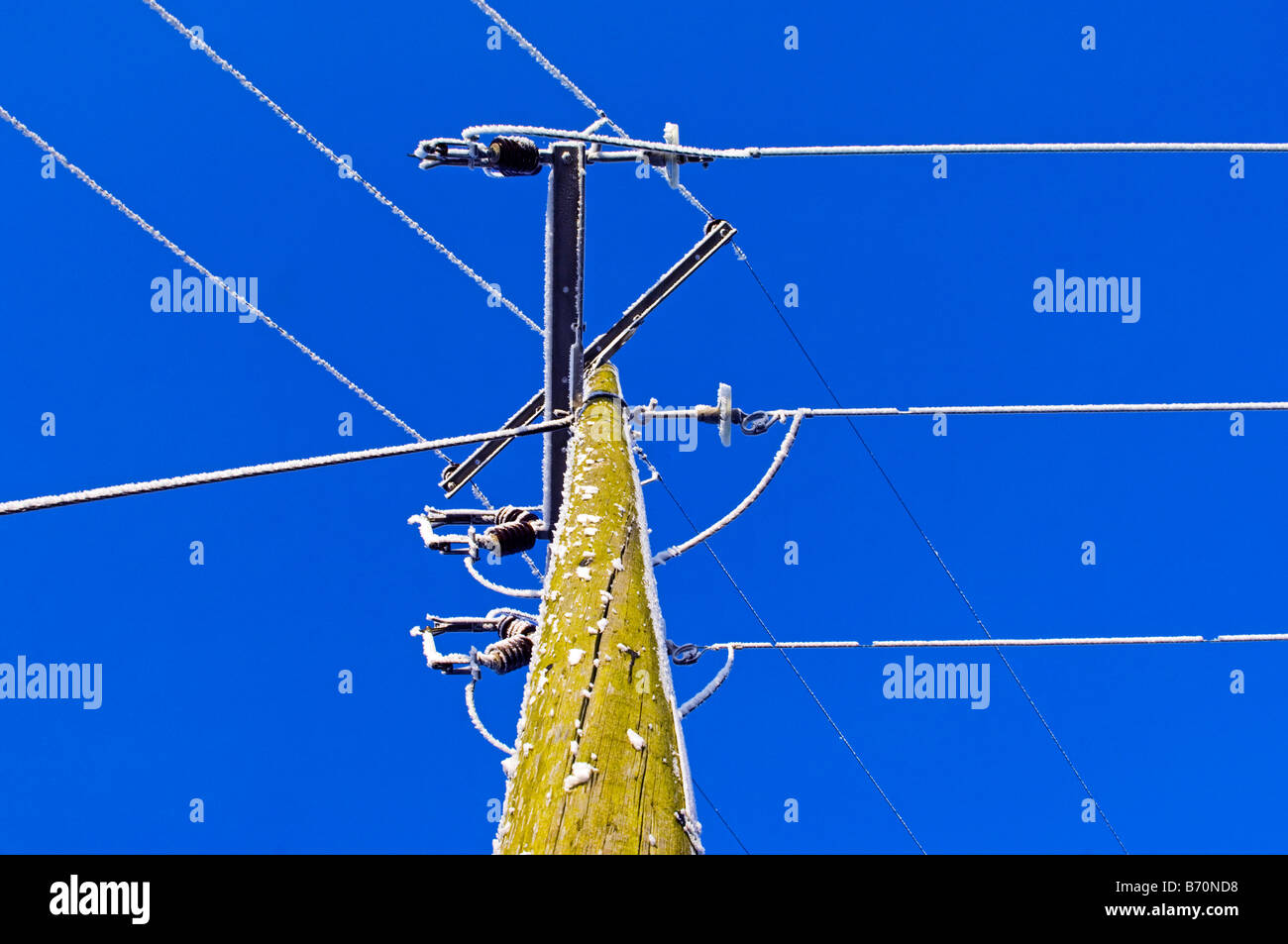 Frozen utility pole and power cables against blue sky Stock Photo - Alamy