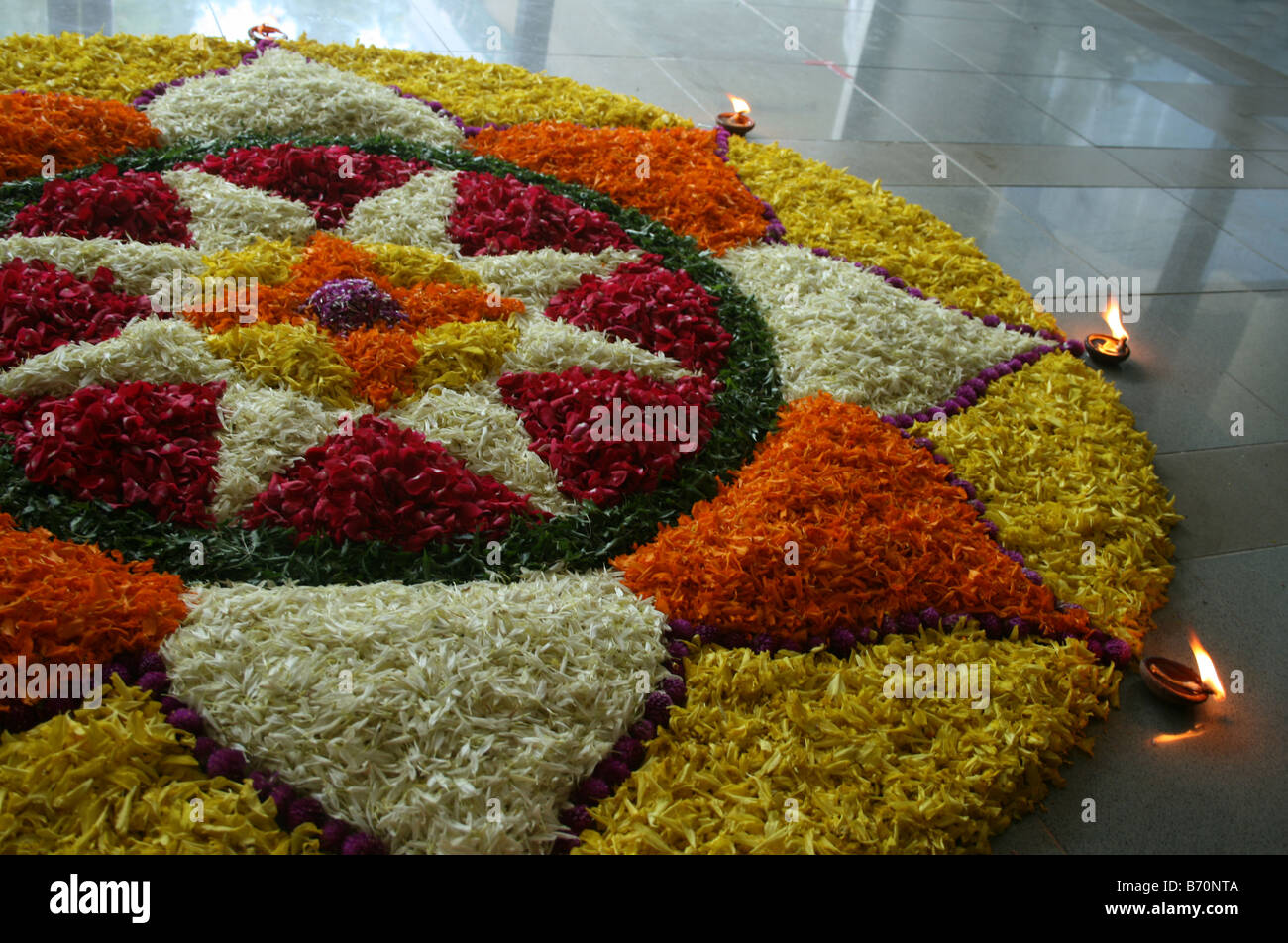 Beautiful floral decoration with lamps during popular Kerala festival ...