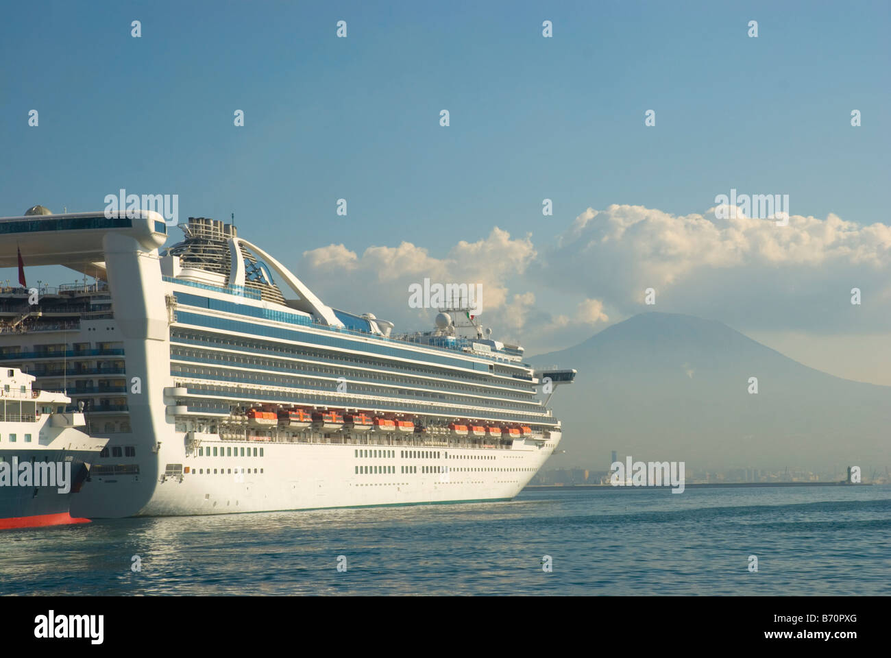 Big ferry at Port of Naples Italy Europe with Mount Vesuvius in the ...