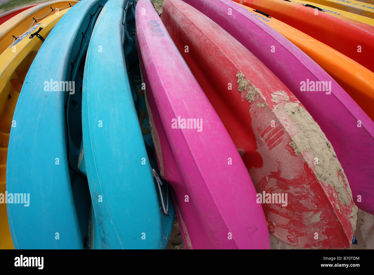 A ROW OF BRIGHTLY COLOURED CANOES ON A BEACH QUEENSLAND AUSTRALIA ...