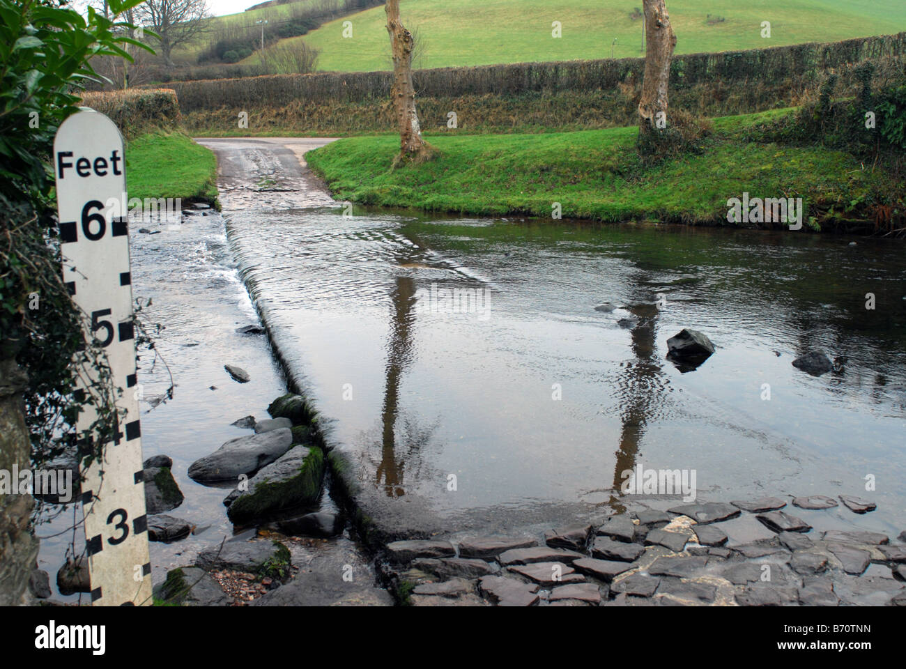 Badgworthy water and Ford and depth pole at Malmsmead in the Doone ...