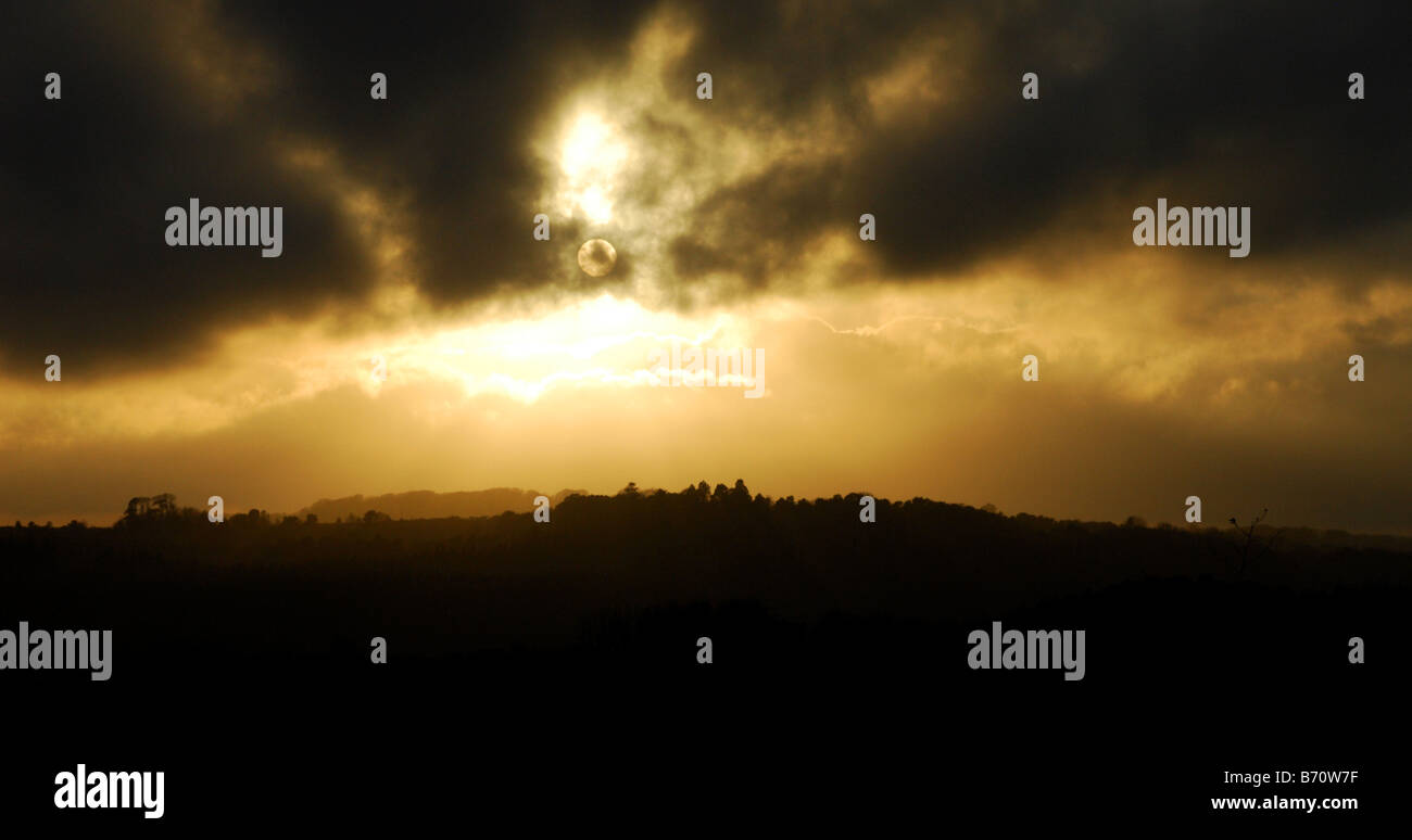 late afternoon winter sunshine over woodbury common in south Devon ...