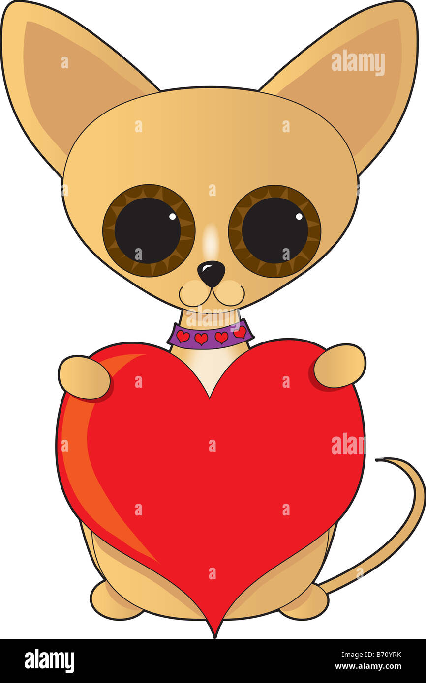 A cute little chihuahua with over sized eyes holding a big red heart ...