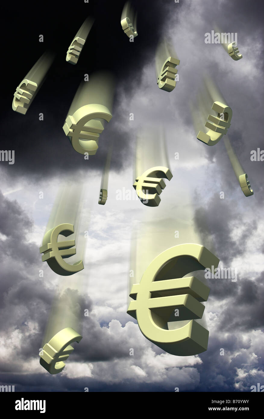 Falling Euro symbols against a stormy sky - devaluation, economic ...