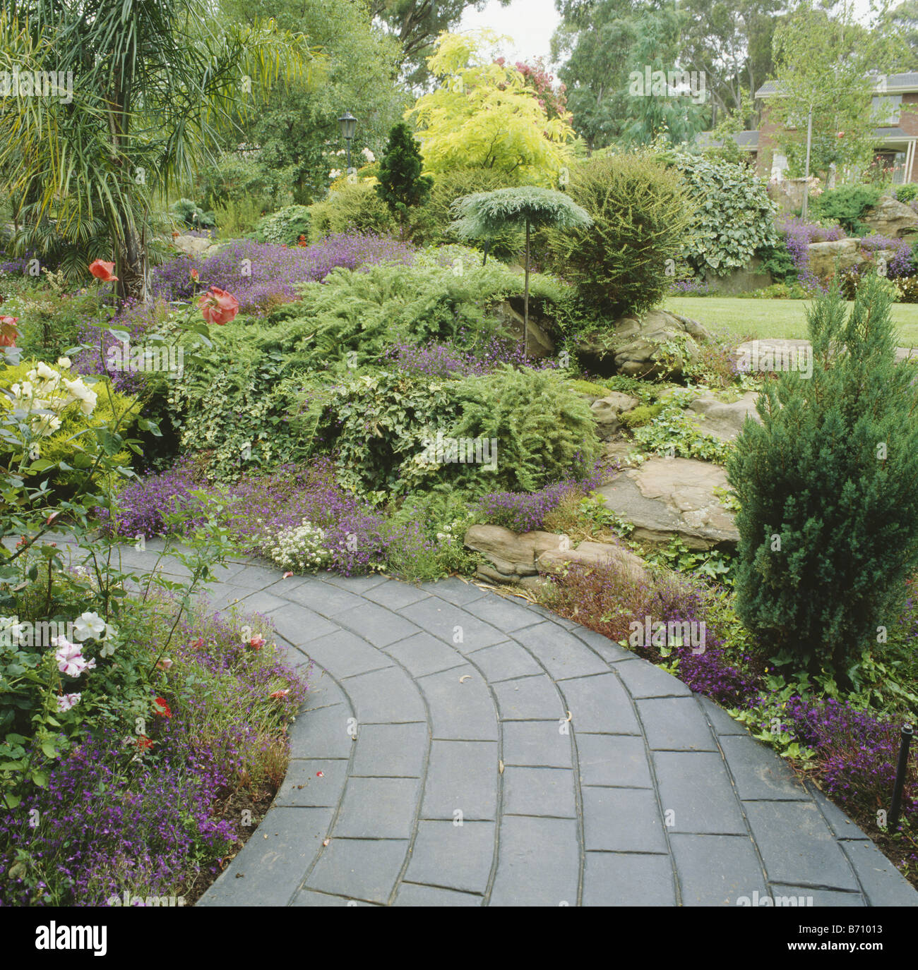 Curved paved path below shrub border with stepping stones to lawn in ...