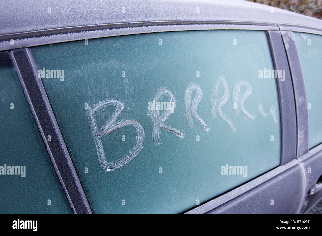 Brrrrrr written on a car window in the frost to indicate how cold it is ...