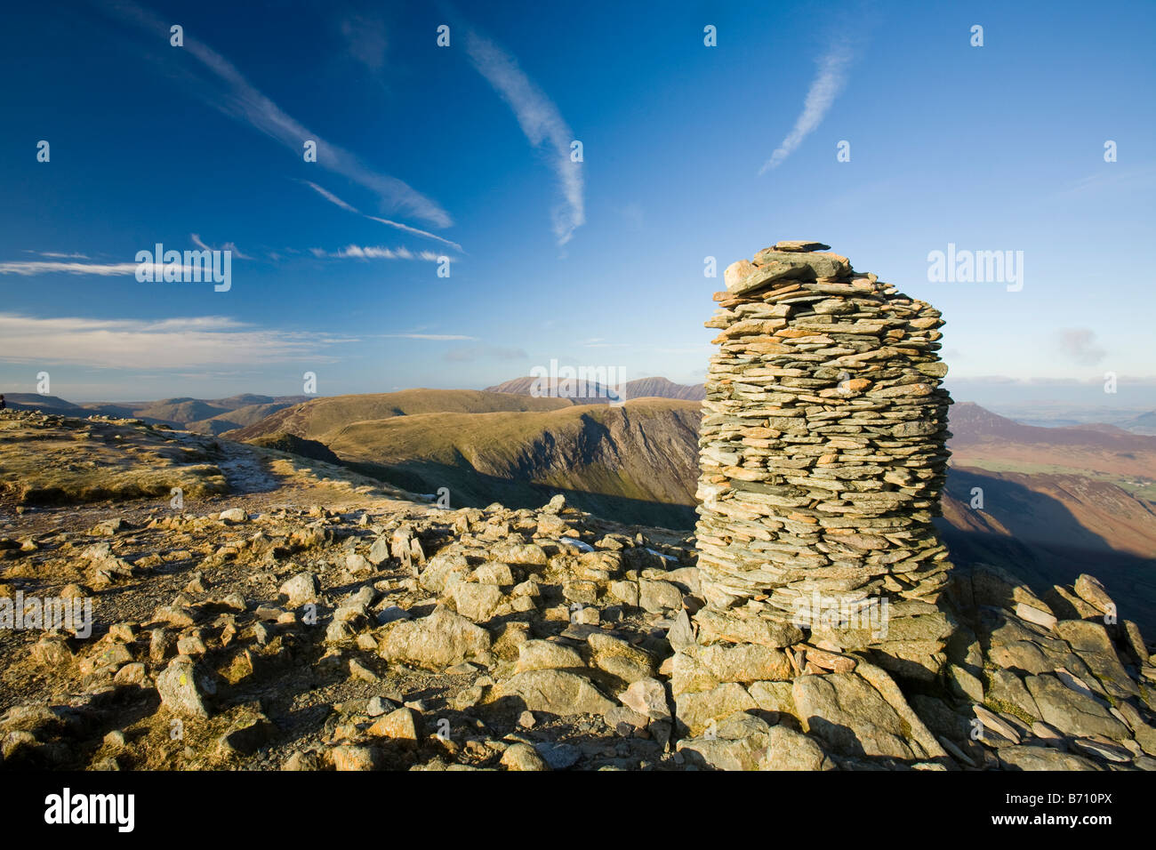 A cairn on the summit of Dale Head in the Lake District above the ...
