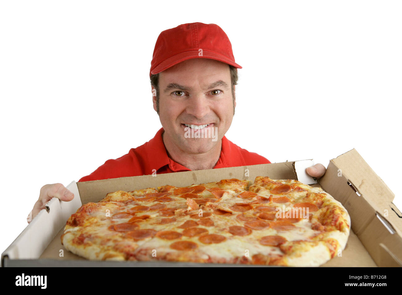 A pizza delivery man holding a delicious pepperoni pizza Isolated on ...