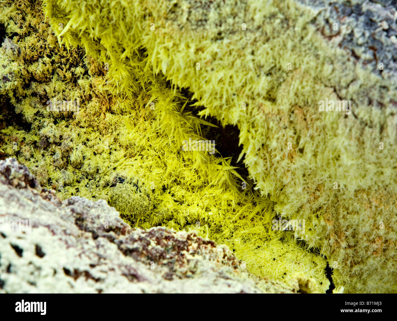 Sulphur crystals by sulphur fumarole, Kilauea volcano, Big Island ...