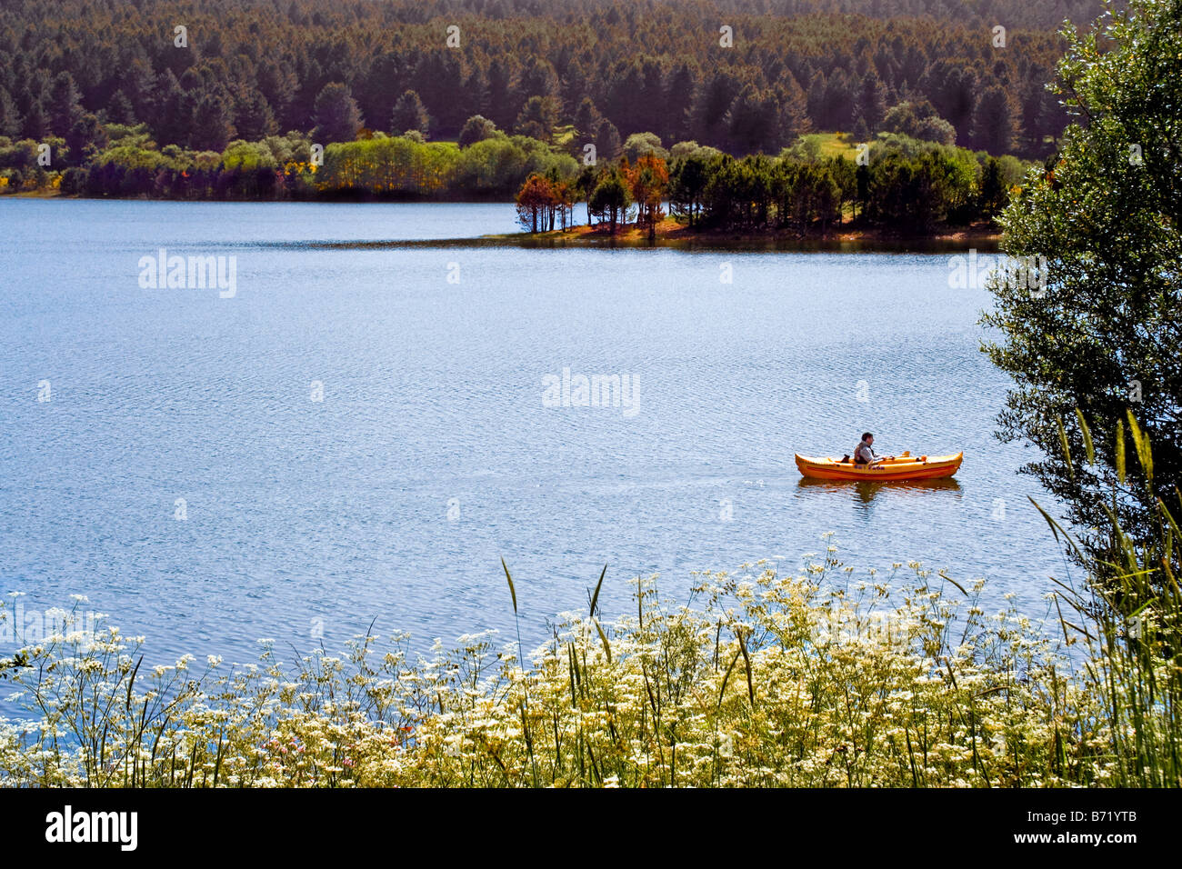 Canoeing angler on Lago di Arvo near Lorica, Cosenza province, Calabria ...