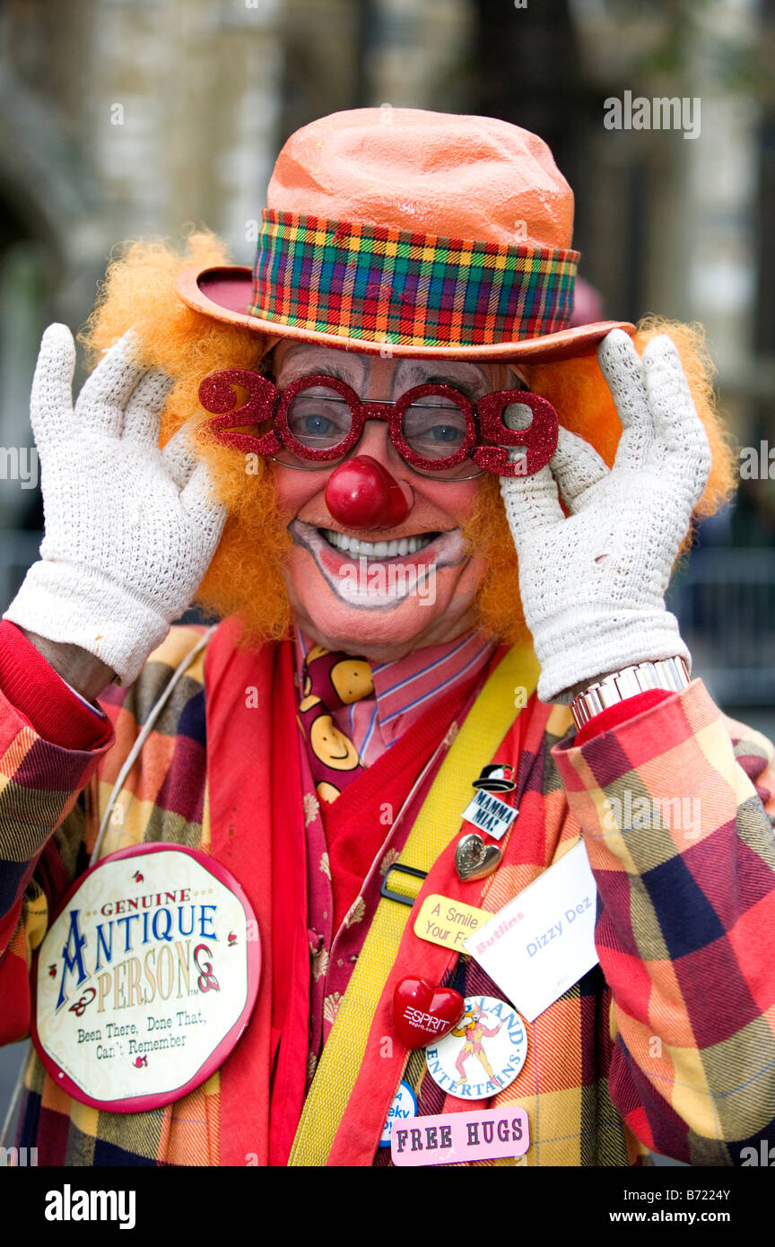 Colourful clown with "2009" glasses at the London Parade, a New Year's ...