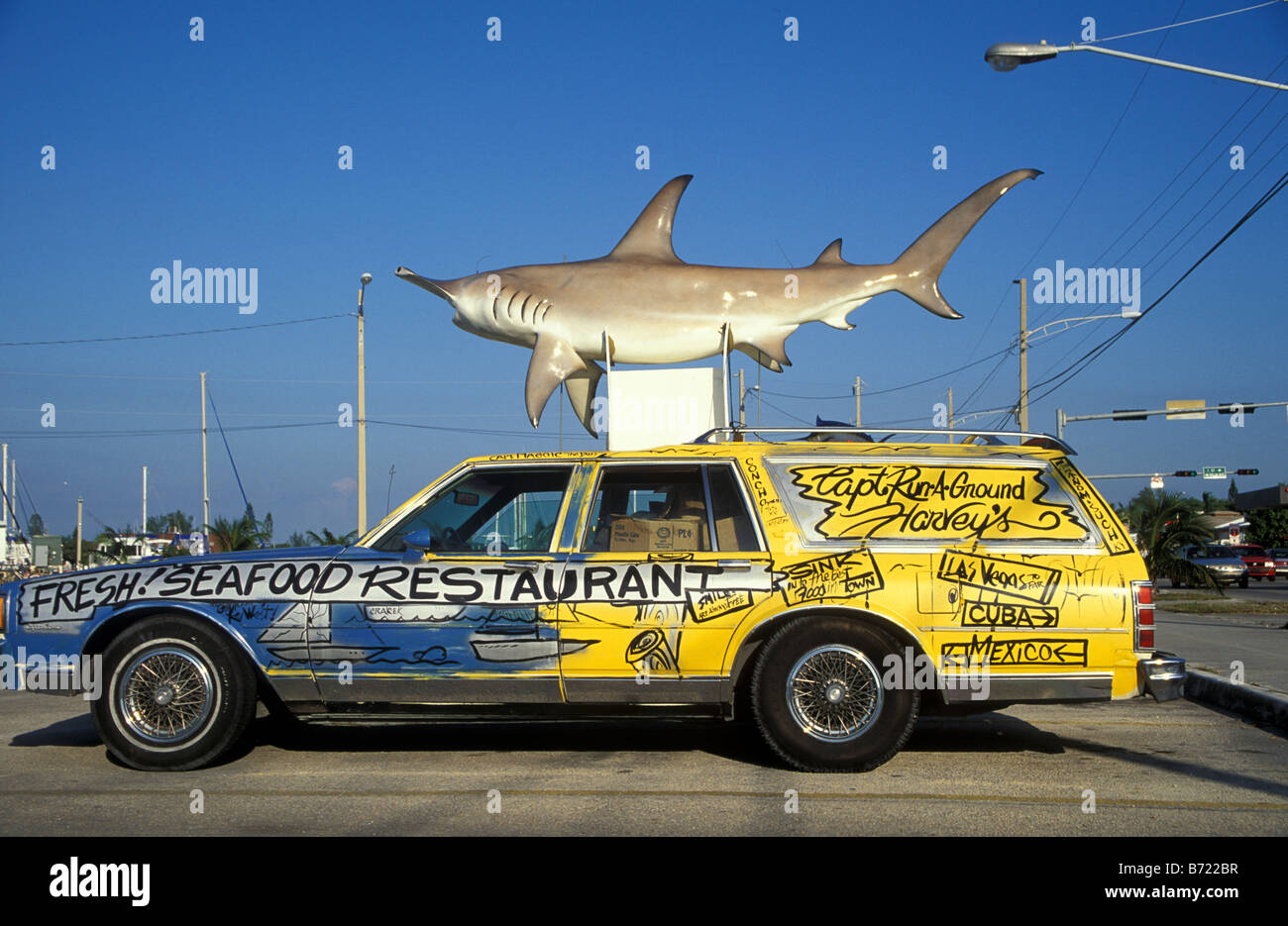 A car with logos and a replica on a shark on the roof Stock Photo - Alamy