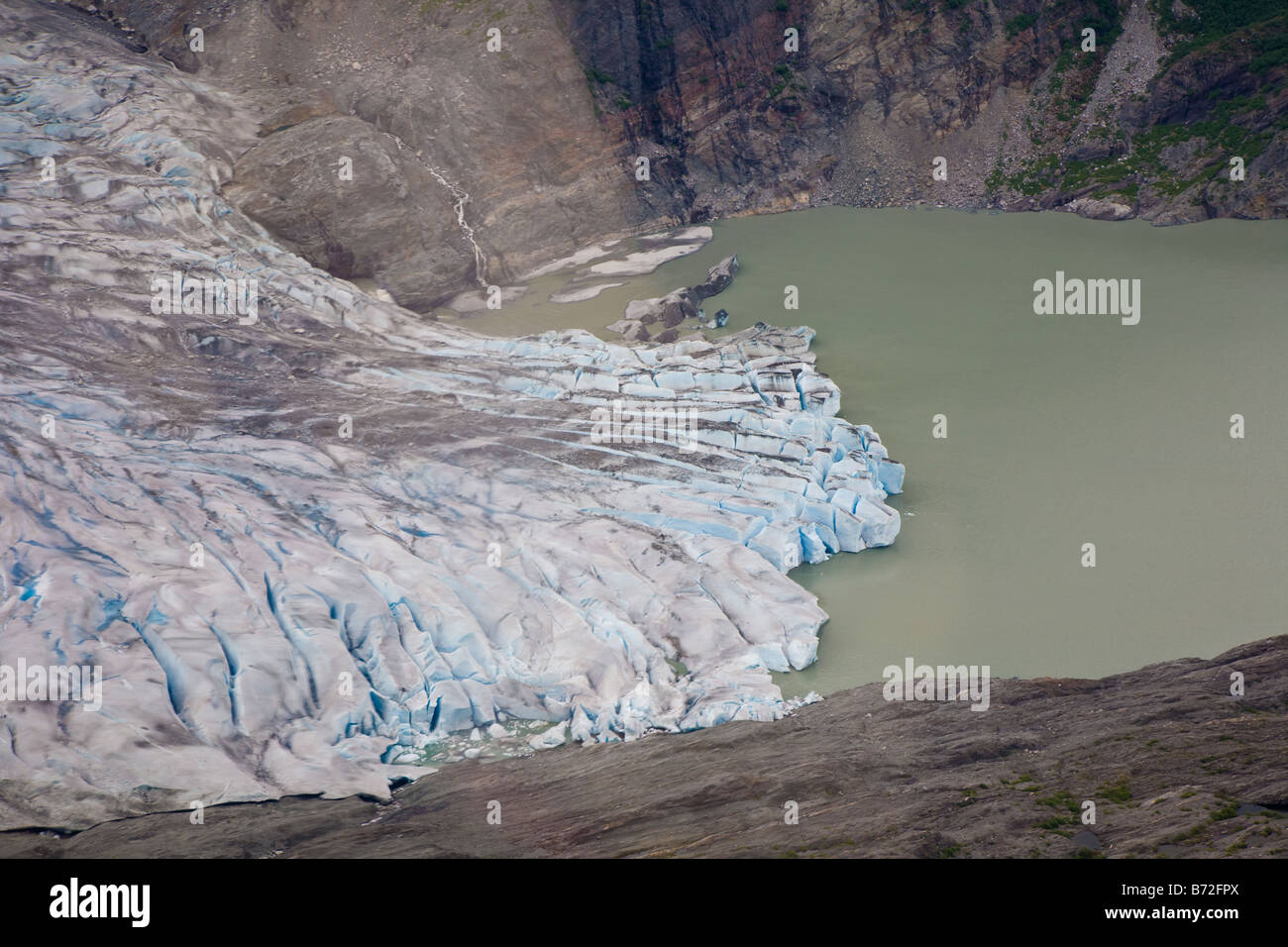 Mendenhall Glacier flows into Mendenhall Lake near Juneau, Alaska, USA ...