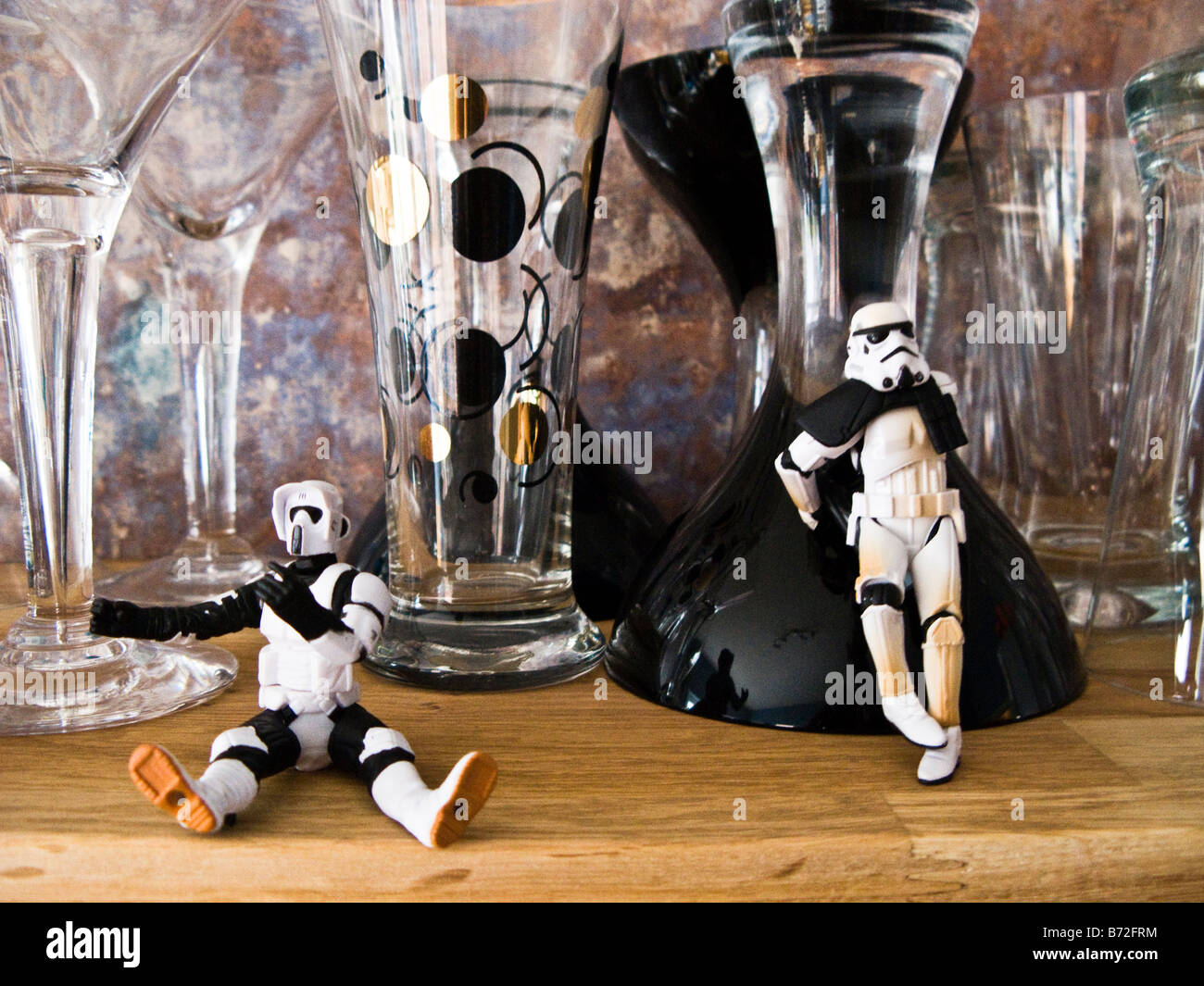 Star Wars Storm Trooper and Biker Scout on kitchen shelves with glasses ...