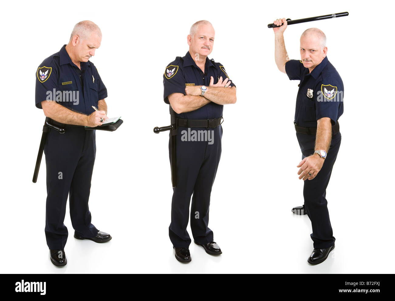 Three views of handsome middle aged police officer Full body isolated ...