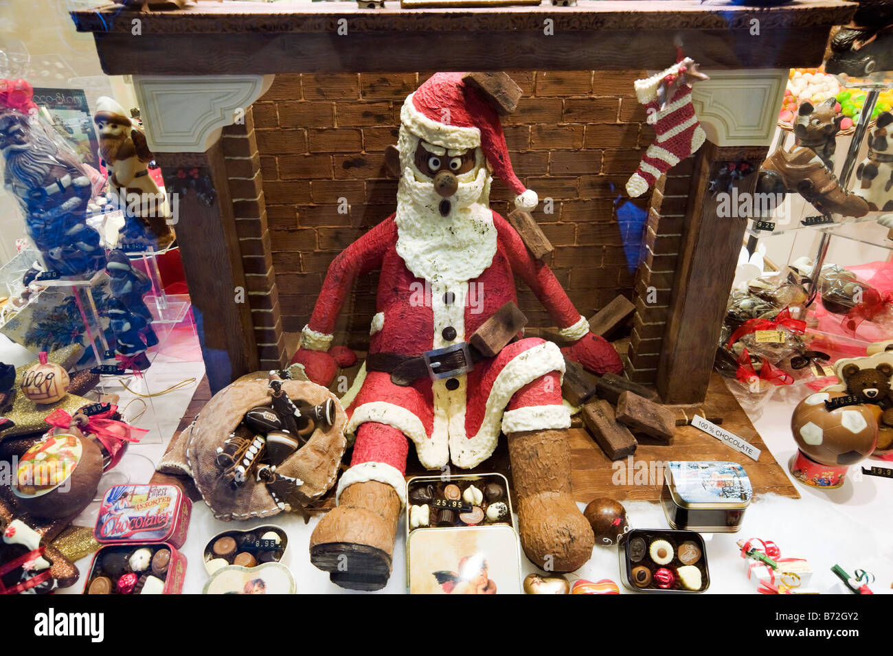Chocalate Father Christmas in the shop window of a Chocolatier in ...