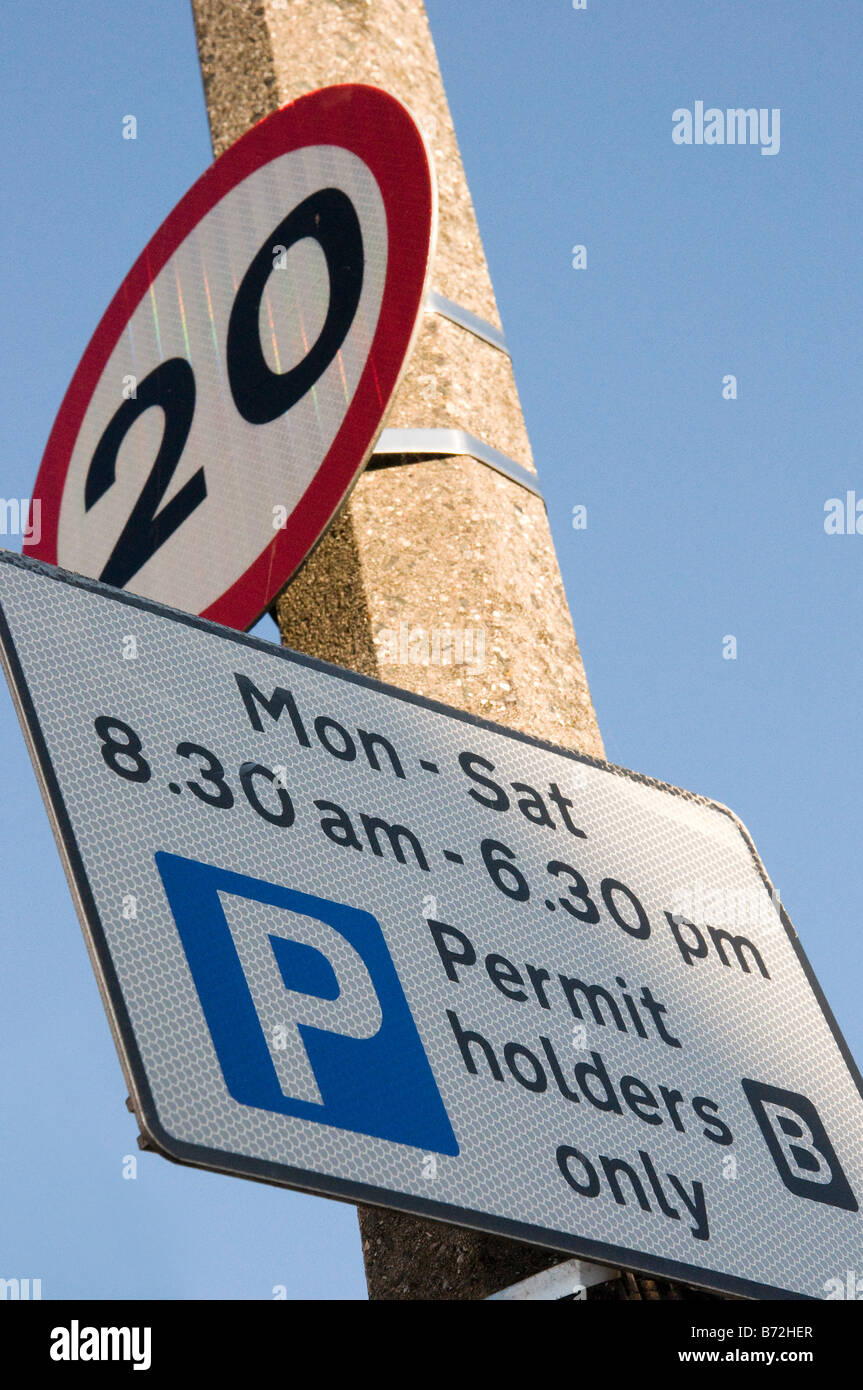 Parking restriction sign for a UK street with zone letter B and 20 mph ...