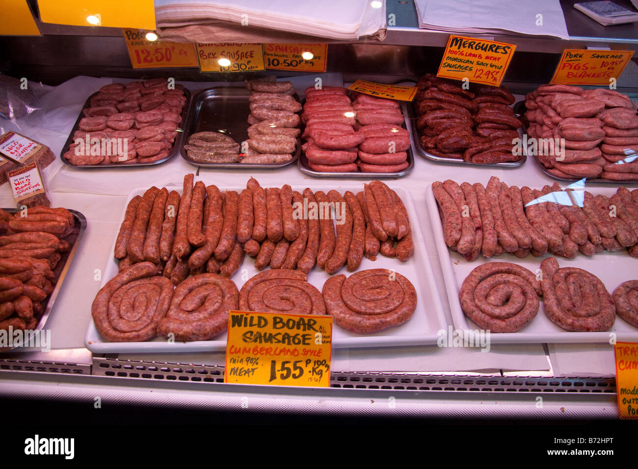 Sausages on display at a butchers stall, borough market, London ...