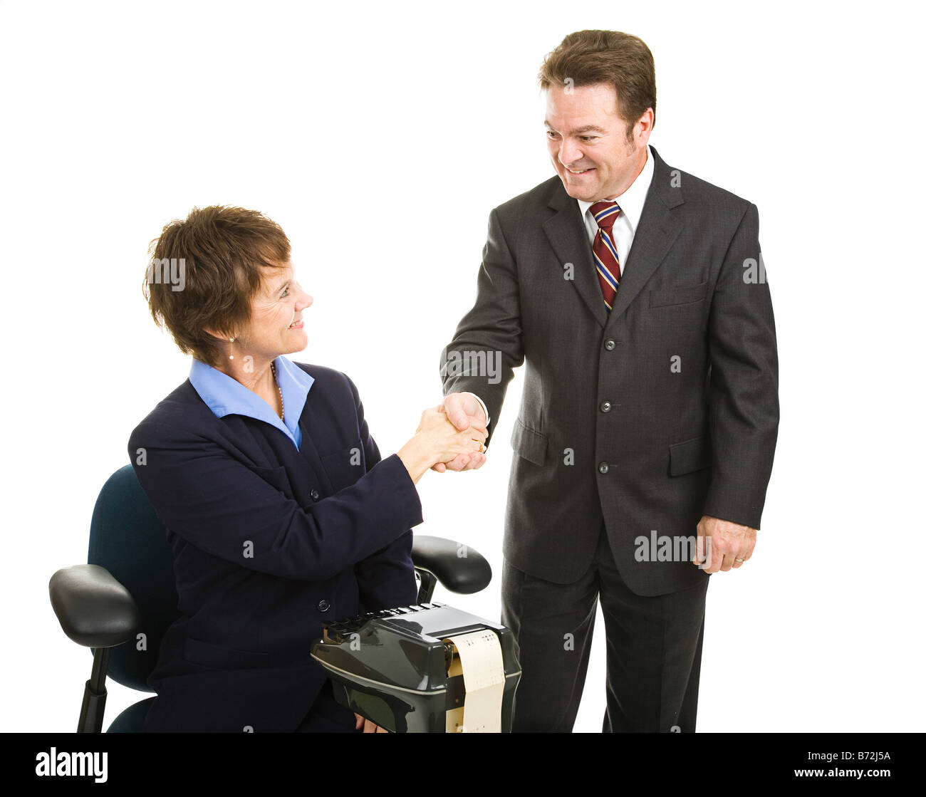 Attorney greeting and shaking hands with a court reporter Isolated on ...