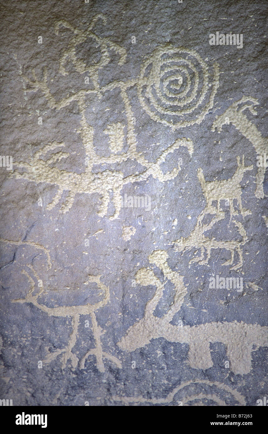 Petroglyph panel at Una Vida Pueblo in Chaco Canyon New Mexico USA ...