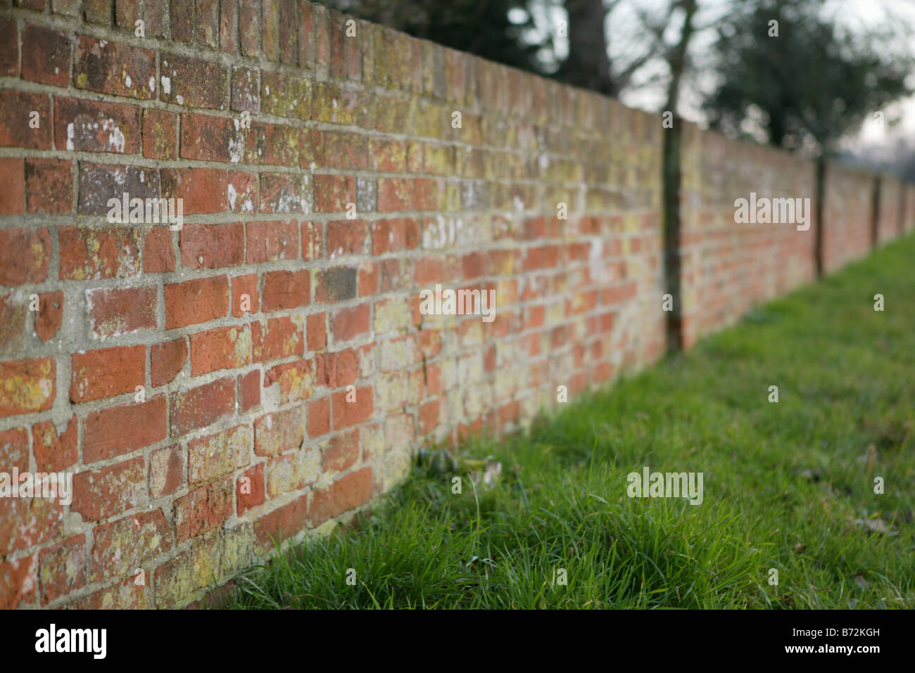 long brick wall passing off into the distance with grass at the bottom ...