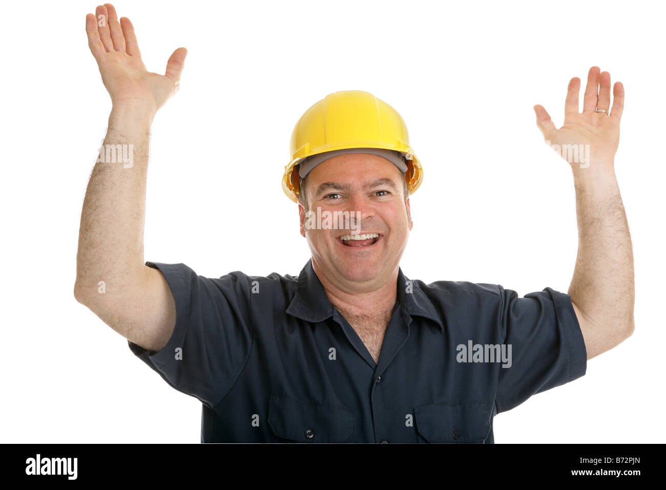 Construction worker throwing up his hands in joy Isolated on white ...
