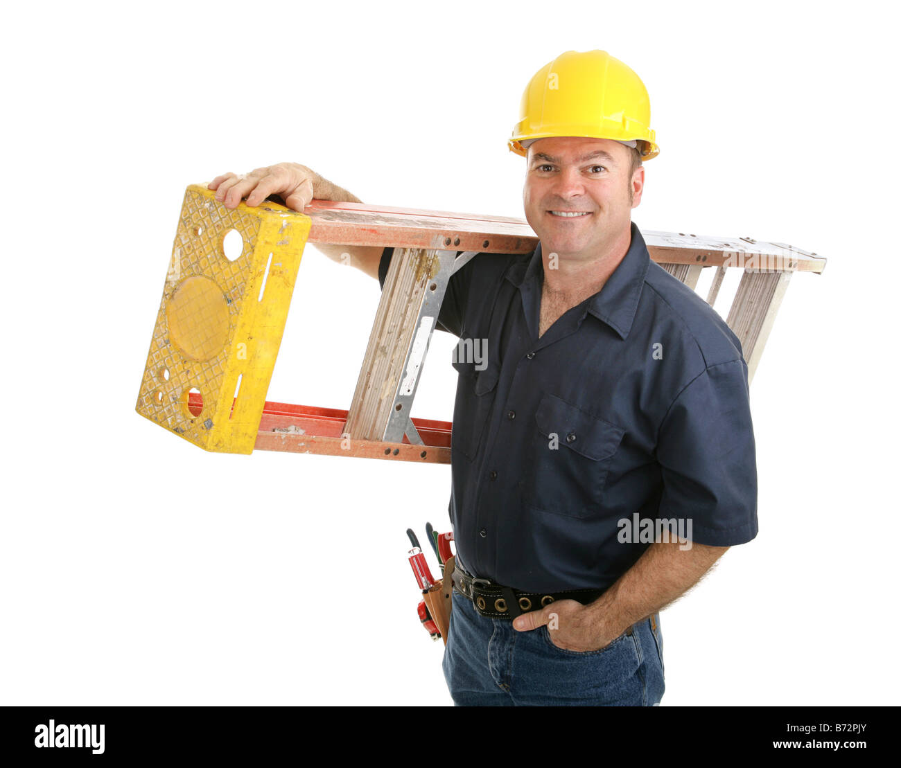 Friendly construction worker carrying ladder Isolated on white ...