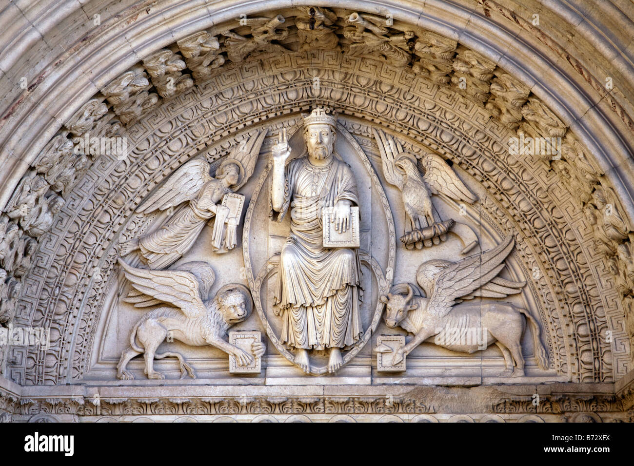 Romanesque carved tympanum to St Trophime in Arles, Provence France ...