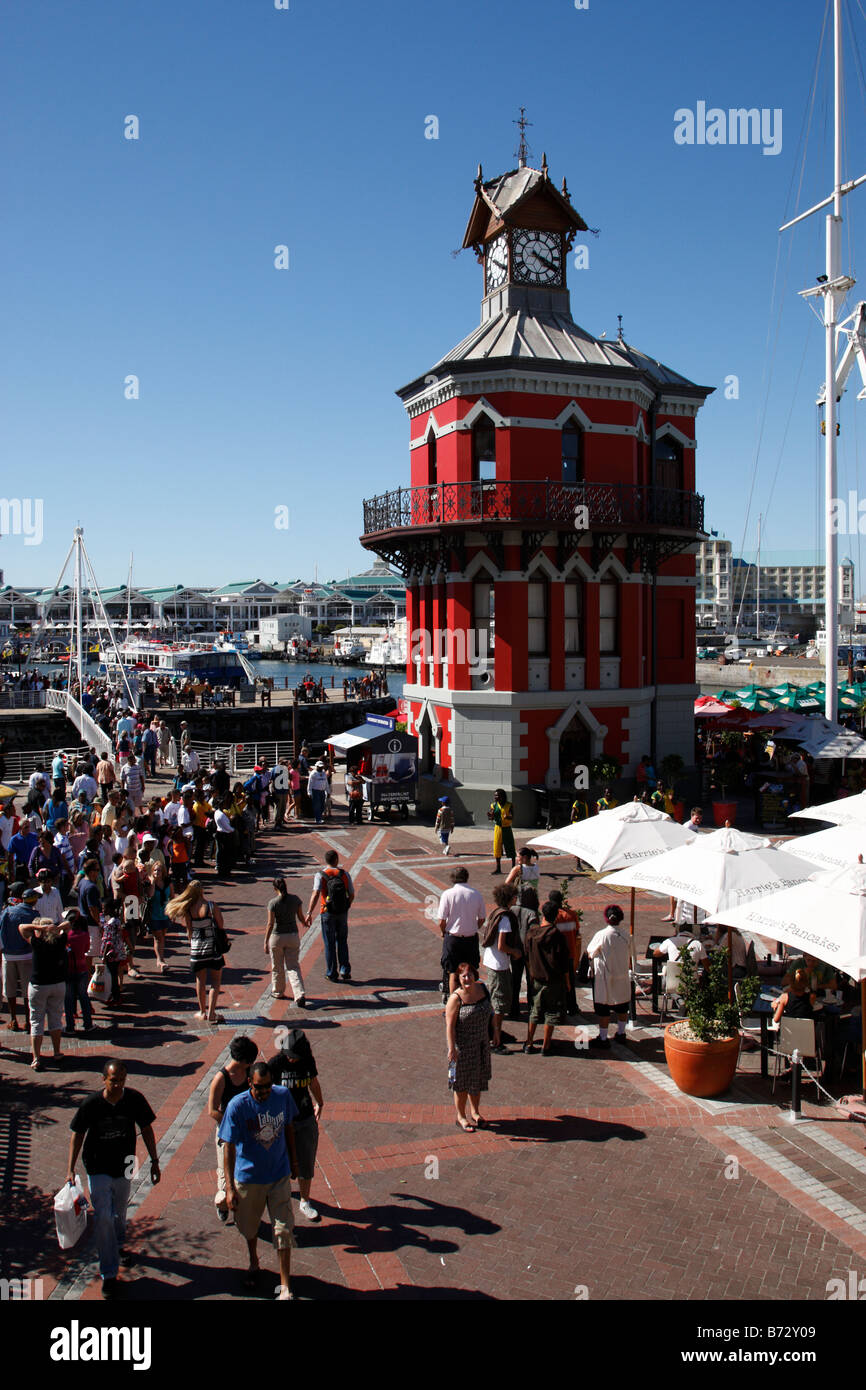 looking down over clock tower square at the V&A waterfront behind is ...