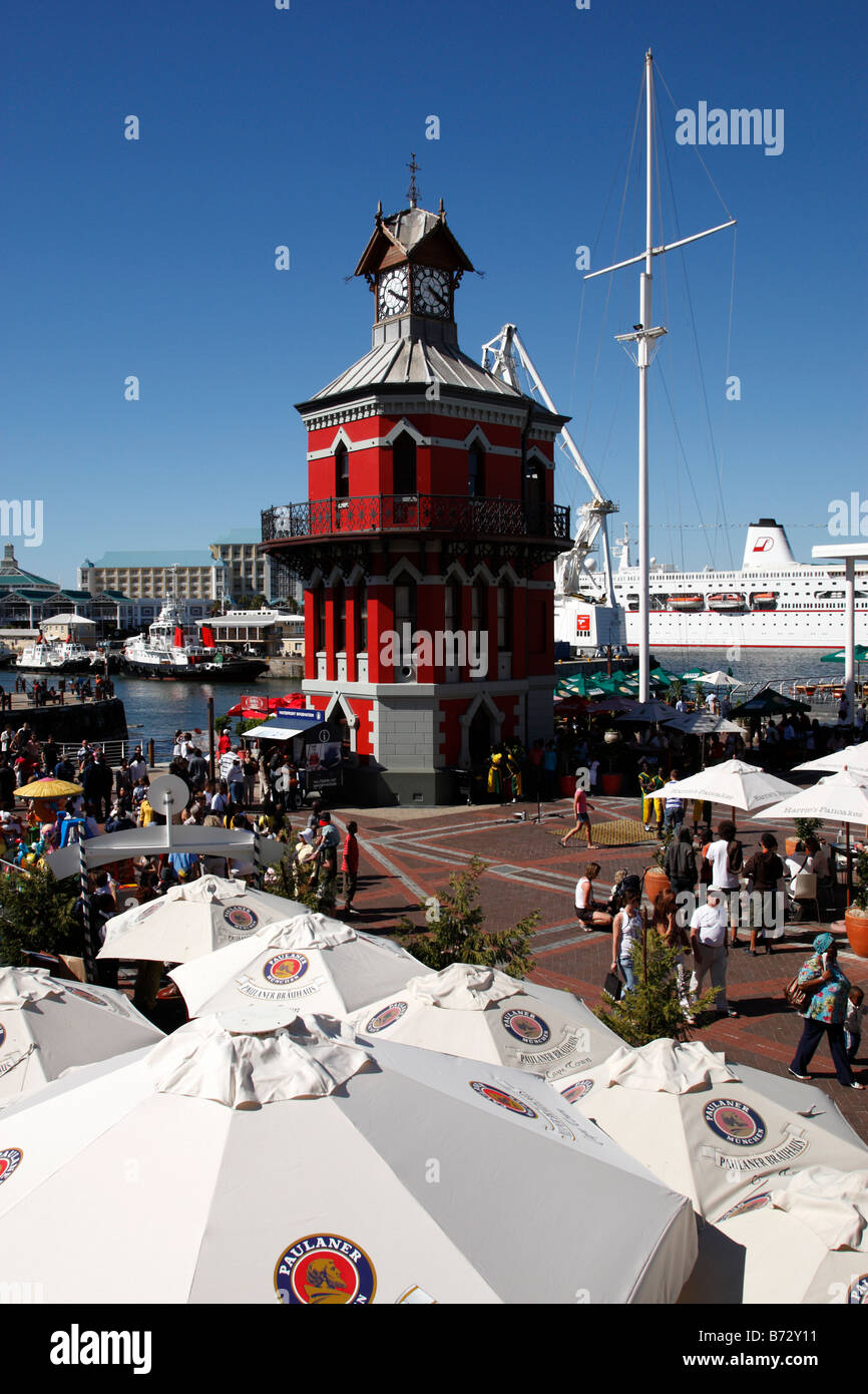 looking down over clock tower square at the V&A waterfront behind is ...