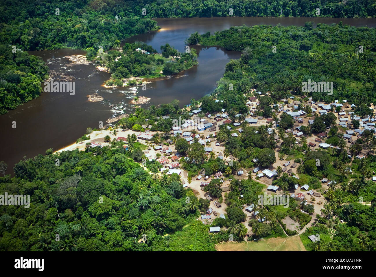 Suriname, Laduani, at the bank of the Boven Suriname river. Aerial ...