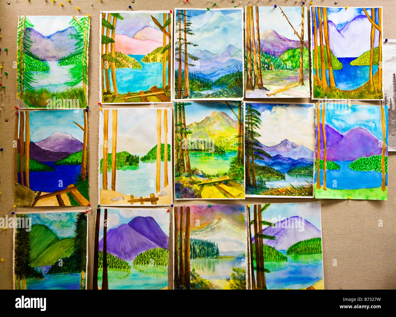 Image of a classroom wall filled with student watercolors all hung up ...