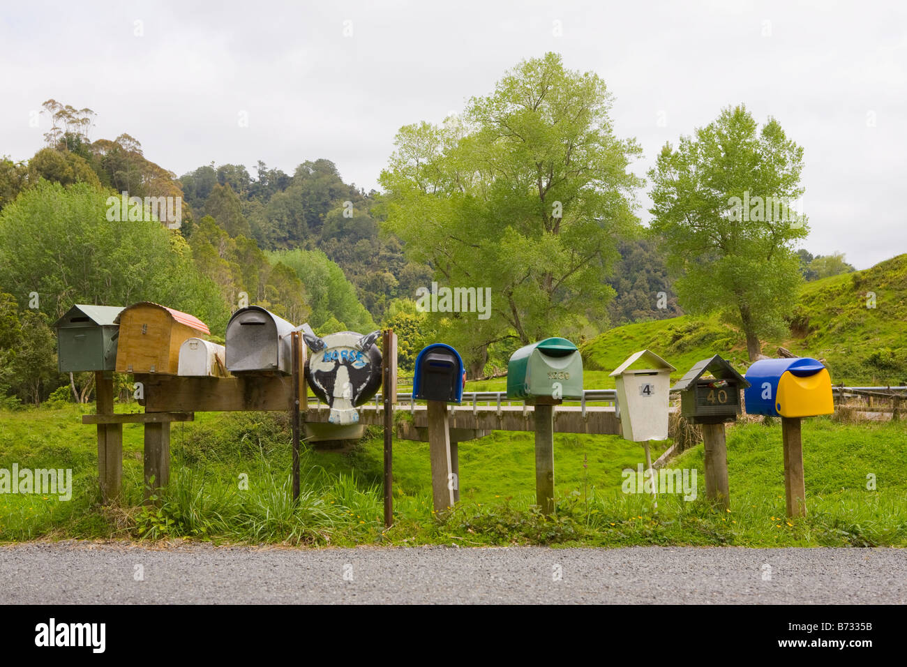 Row of mail boxes in the countryside. New Zealand, North Island ...