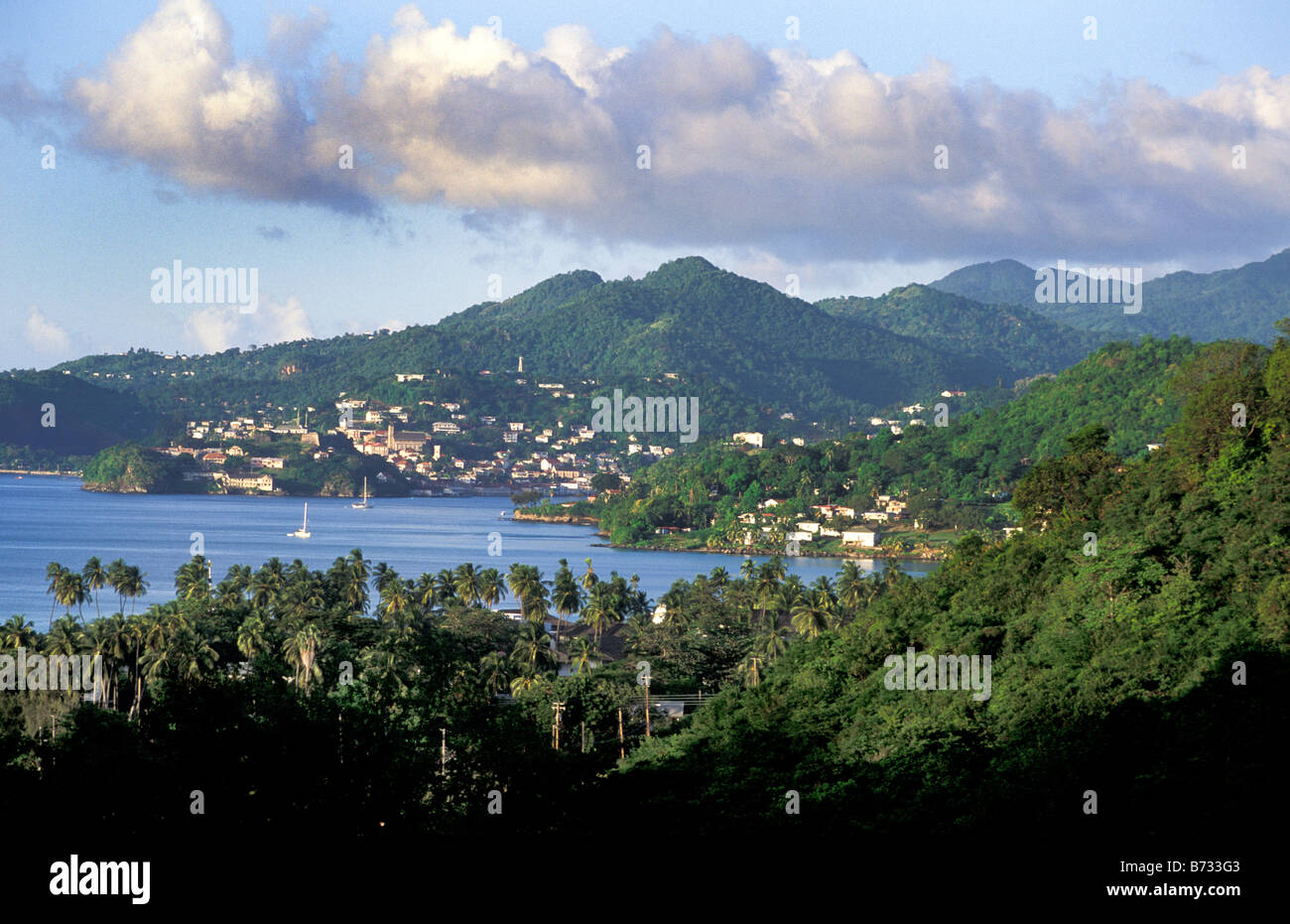 Mountainous coastline of Grenada with capital city St Georges Stock ...