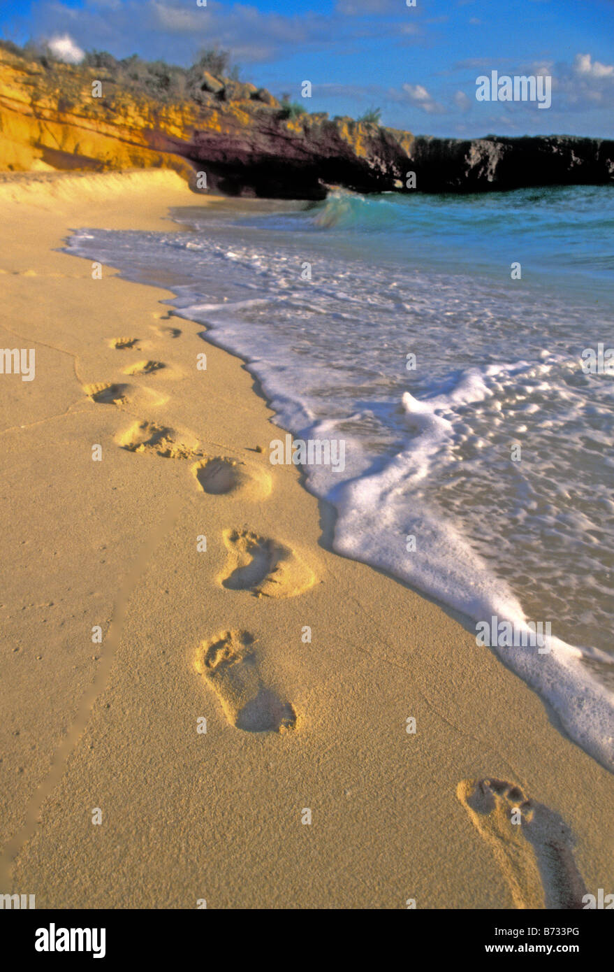 Golden sand with footprints along coastline Cliffs of Cupecoy St martin ...