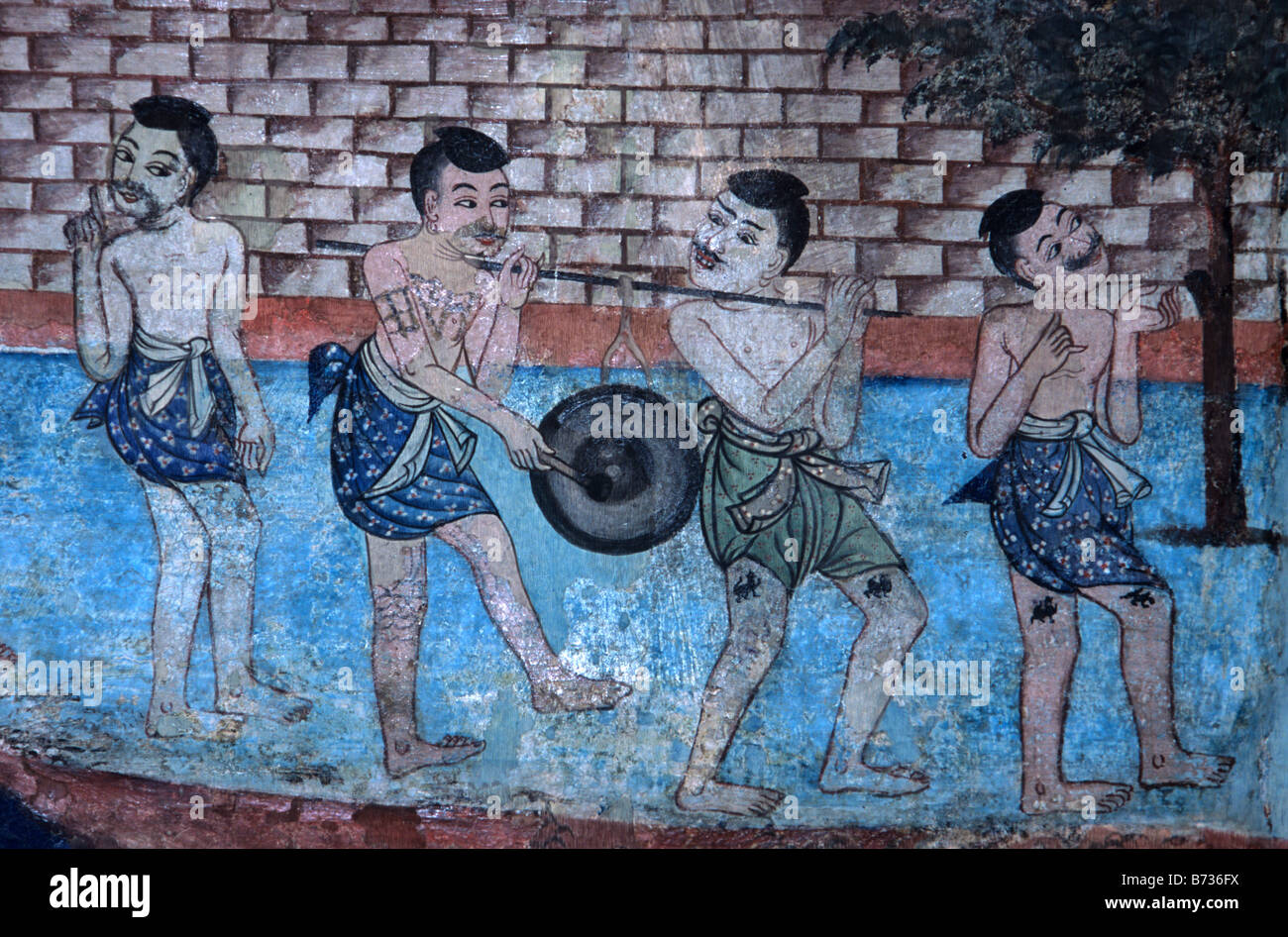 Thai Soldiers & Musicians Depicted in a Mural or Wall Painting, Wihan ...