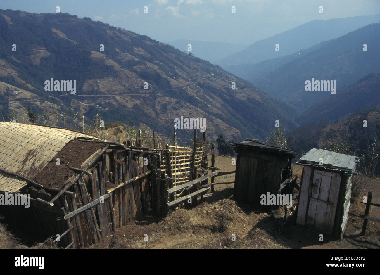 village huts in Himalayan valley Singalila ridge trek Darjeeling West ...