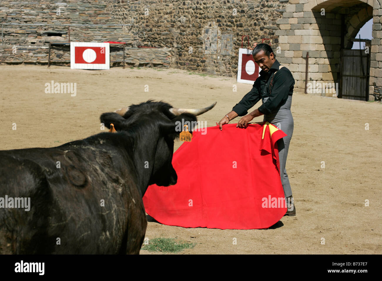 Jose Luis, a matador or torero practicing bullfighting skills with a ...