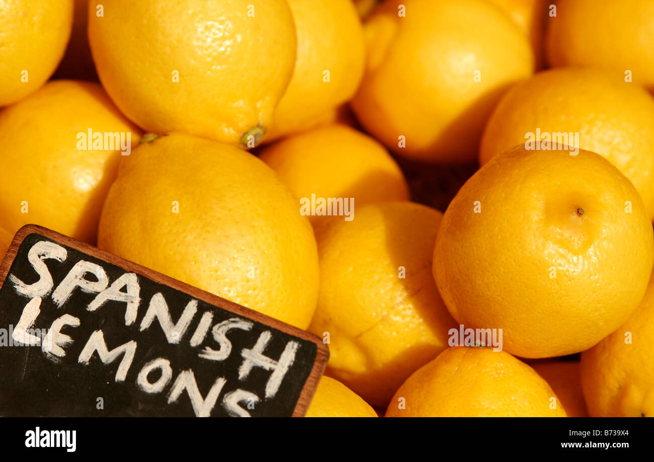 Heap of Spanish Lemons with chalk board sign Stock Photo - Alamy