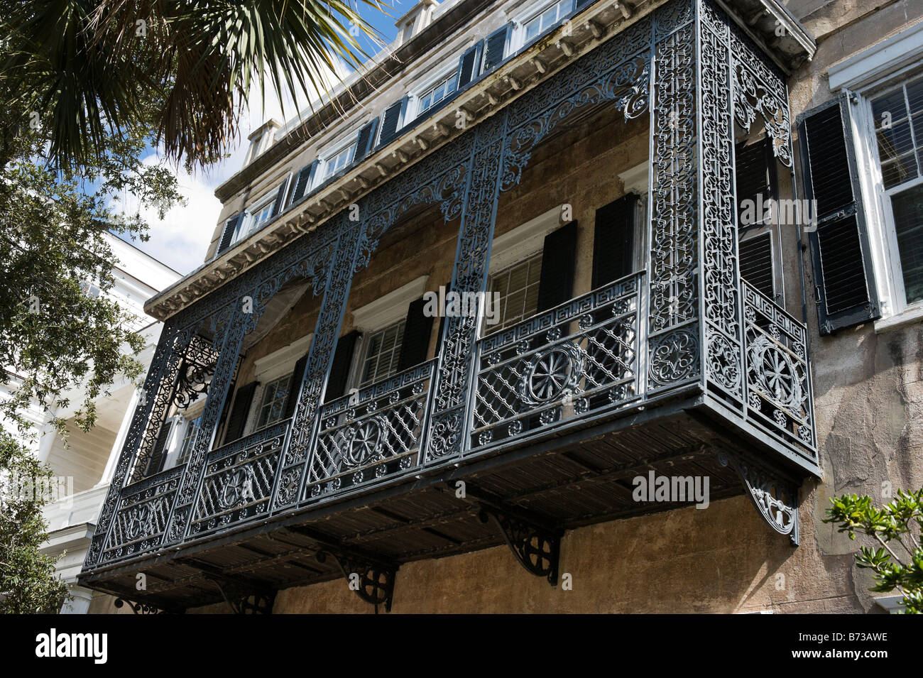 Wrought iron balcony of a historic mansion on Meeting Street ...