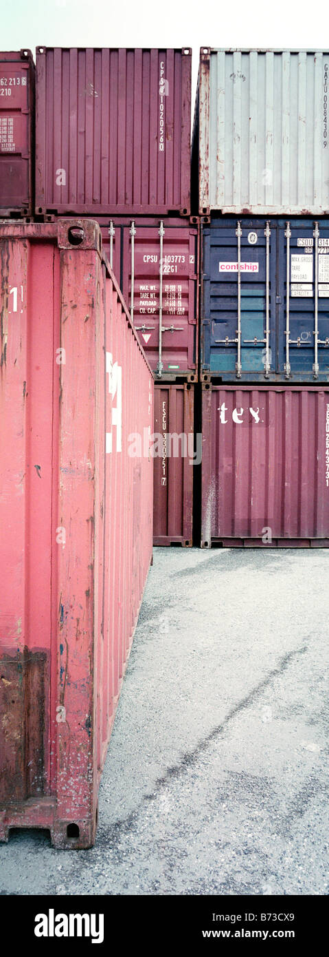 metal cargo shipping containers used by ship train and truck Stock ...