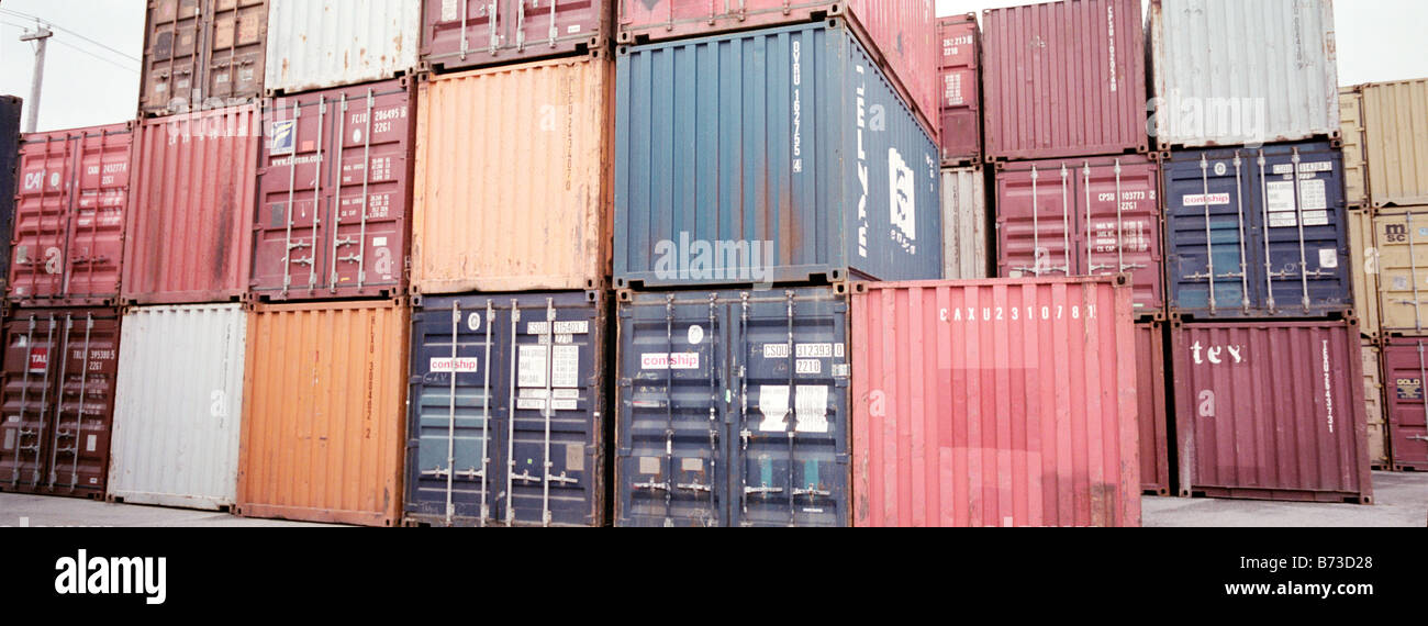 metal cargo shipping containers used by ship train and truck Stock ...