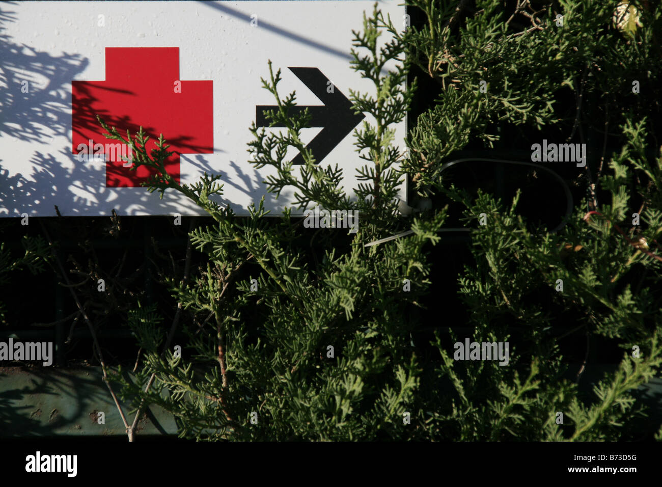 Sign notice arrow direction first aid point hospital tree wall hi-res ...