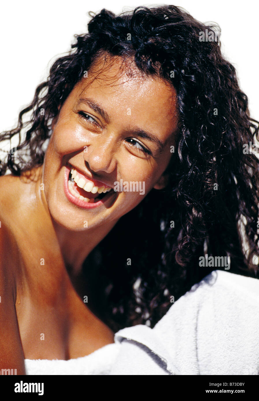 20 year old mulatto mixed race woman wearing a bath towel Stock Photo ...