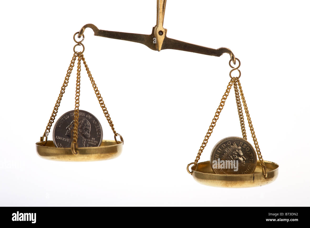 one us dollar quarter 25c coin and one pound coin on balancing scales ...