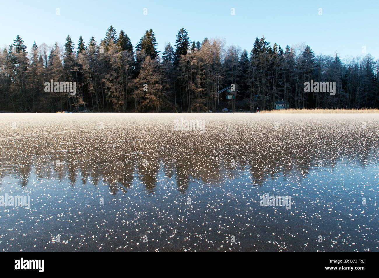 Summerhouse and sauna in woods by frozen lake, Lohja, Finland Stock ...
